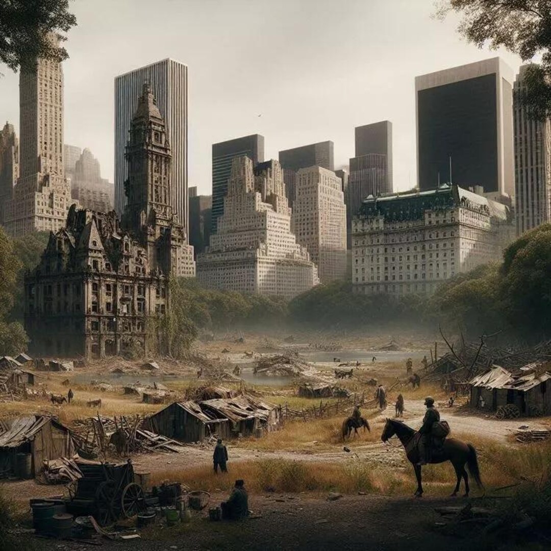 Post Apocalyptic American City New York Central Park Tent Horses Poster ...