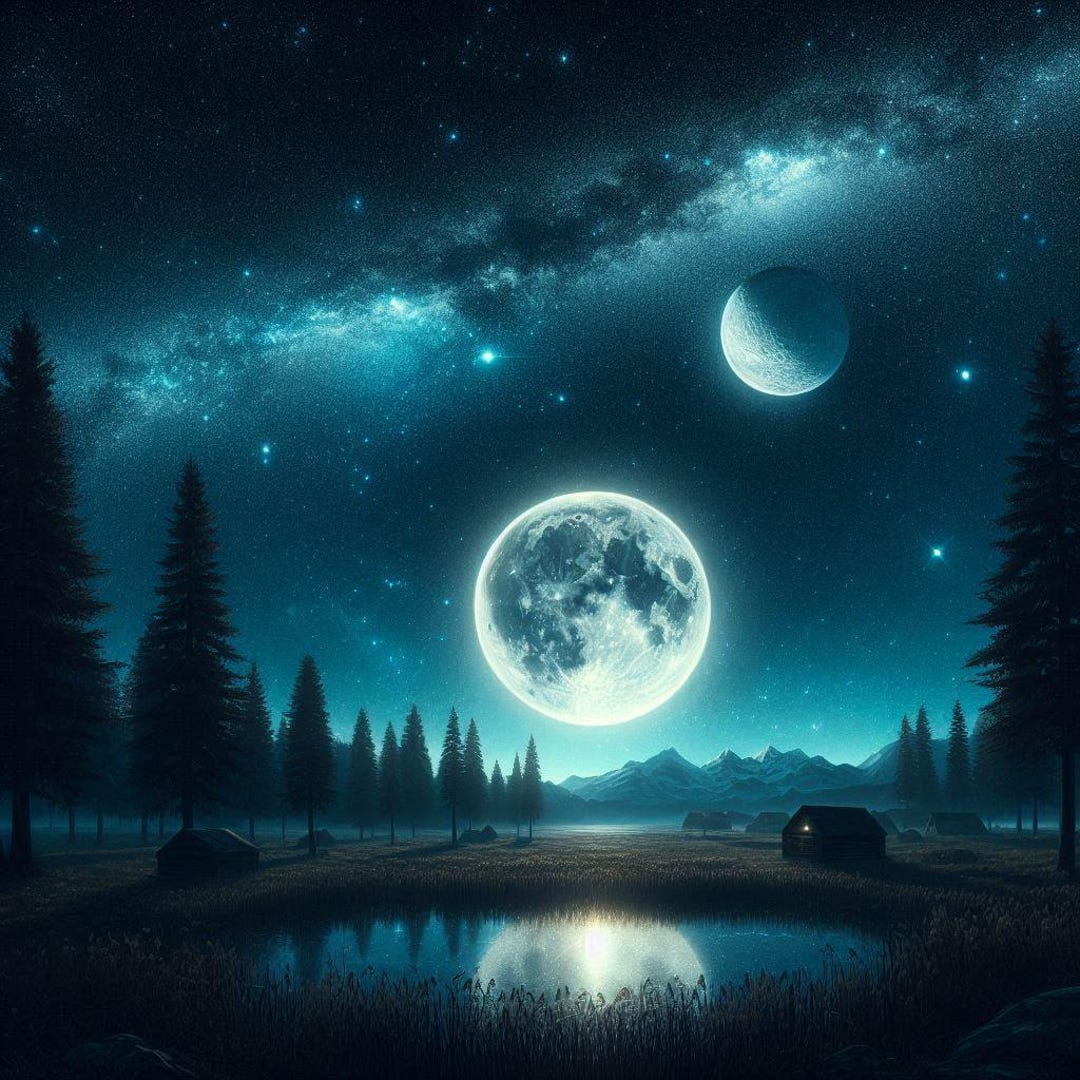 Alternate Night Sky Large Moon Reflected 2 Moons Trees Cabins Poster 24 ...