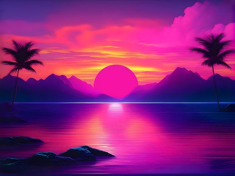 Sunset Ocean Palm Trees Clouds Landscape Colorful Vaporwave 1980s 1990s ...