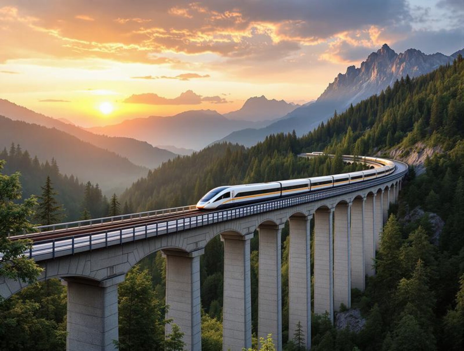 High-speed Train Traverses Viaduct Through Valley at Sunset Poster ...