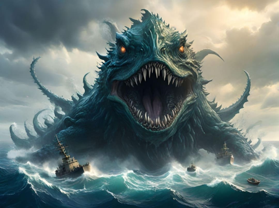 Sea Monster Creature Rising From Ocean Waves Attacking Ships Poster Art ...