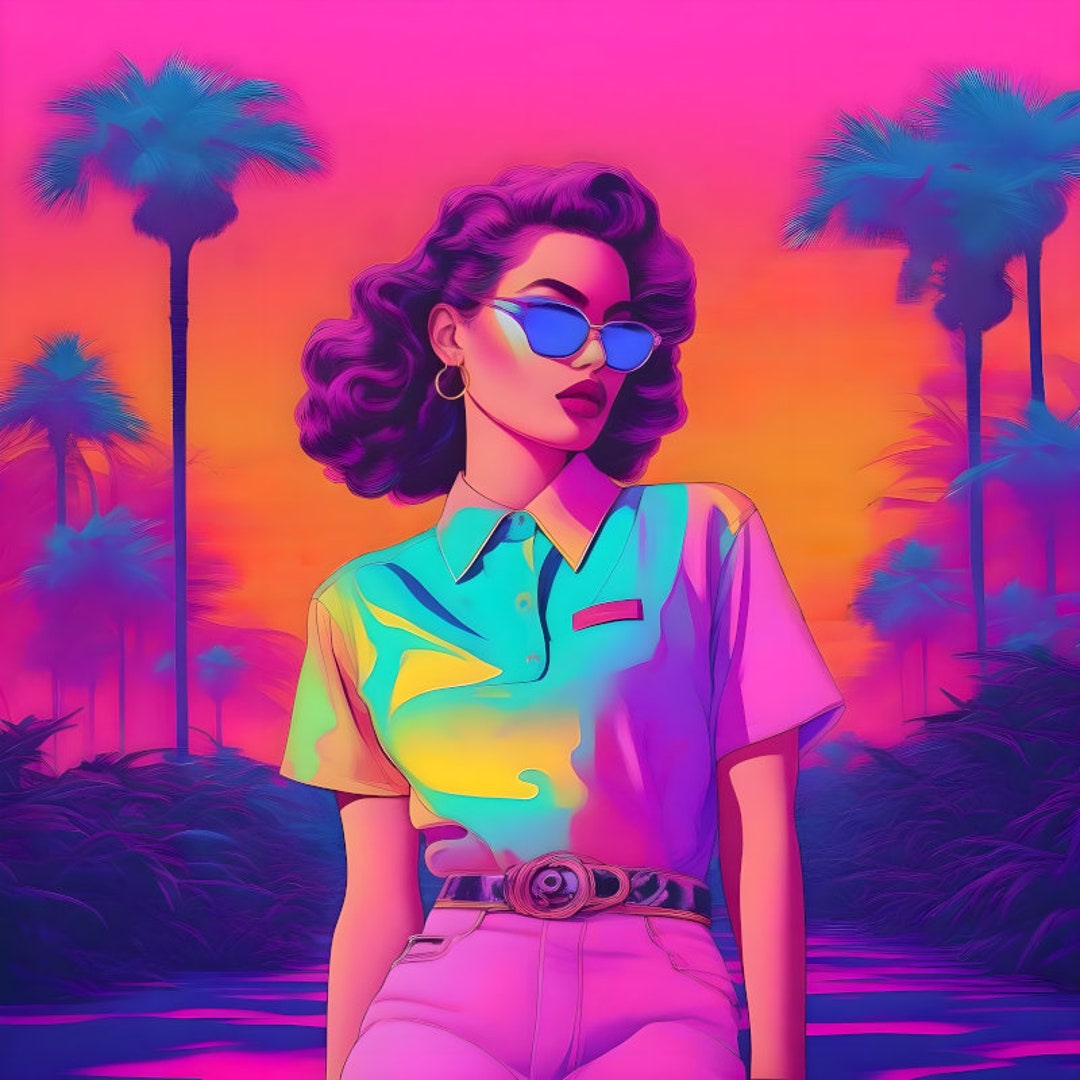 1980s 1990s Aesthetic Woman Worker Tropical Portrait Colorful Vaporwave ...