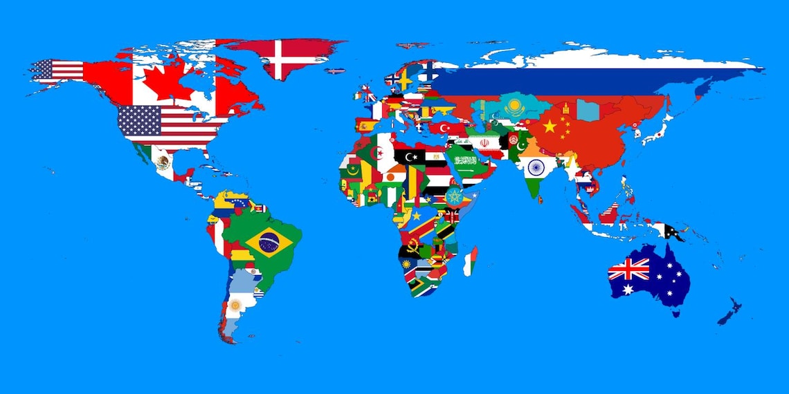 Earth Flag Map of the World Political Wall Map Mercator Flags - Etsy