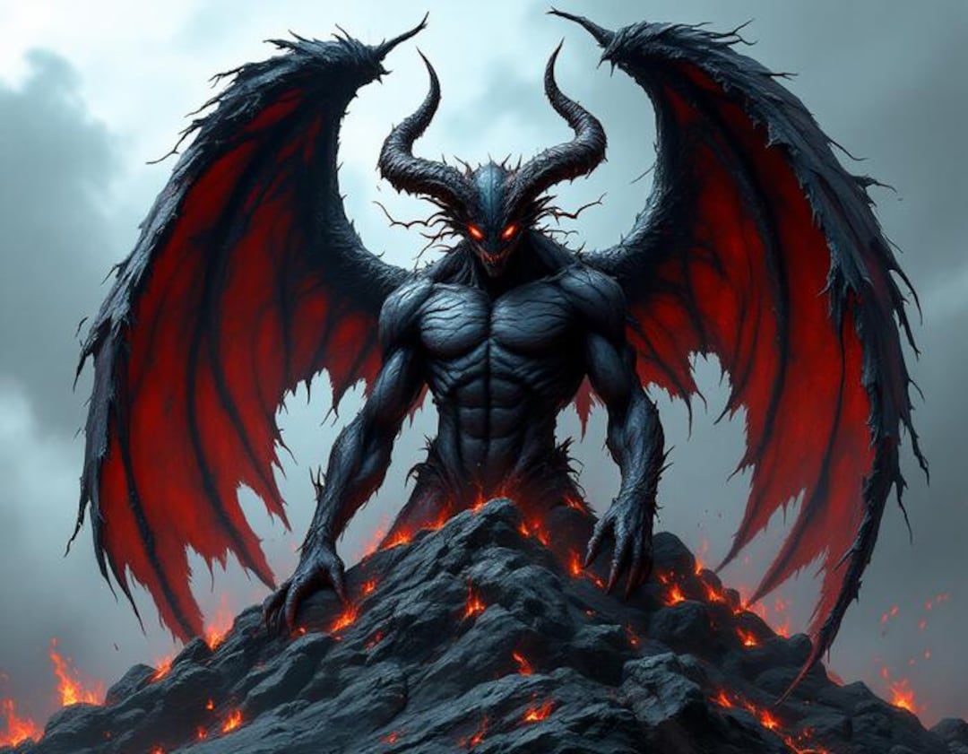 A Horned Demon With Large Wings Perches Atop a Fiery Peak Poster Print ...