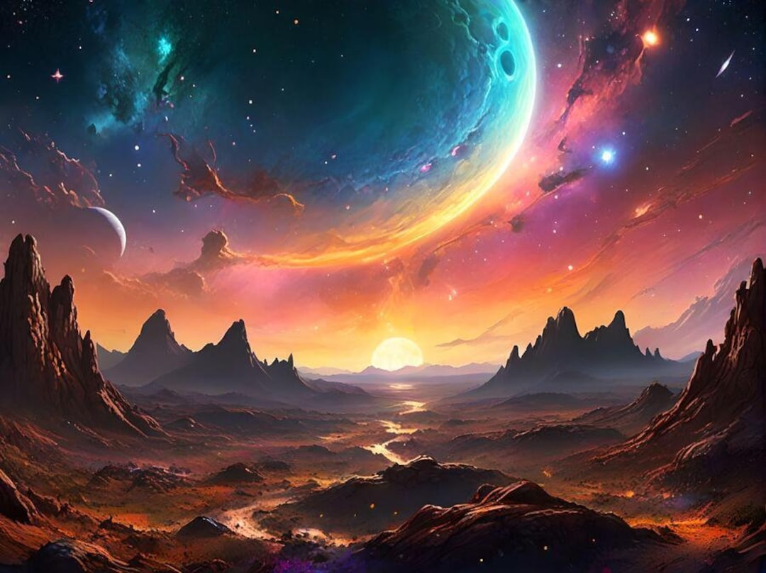 Alien Landscape Planets Stars Nebula Ghostly Planet Mountains Poster ...