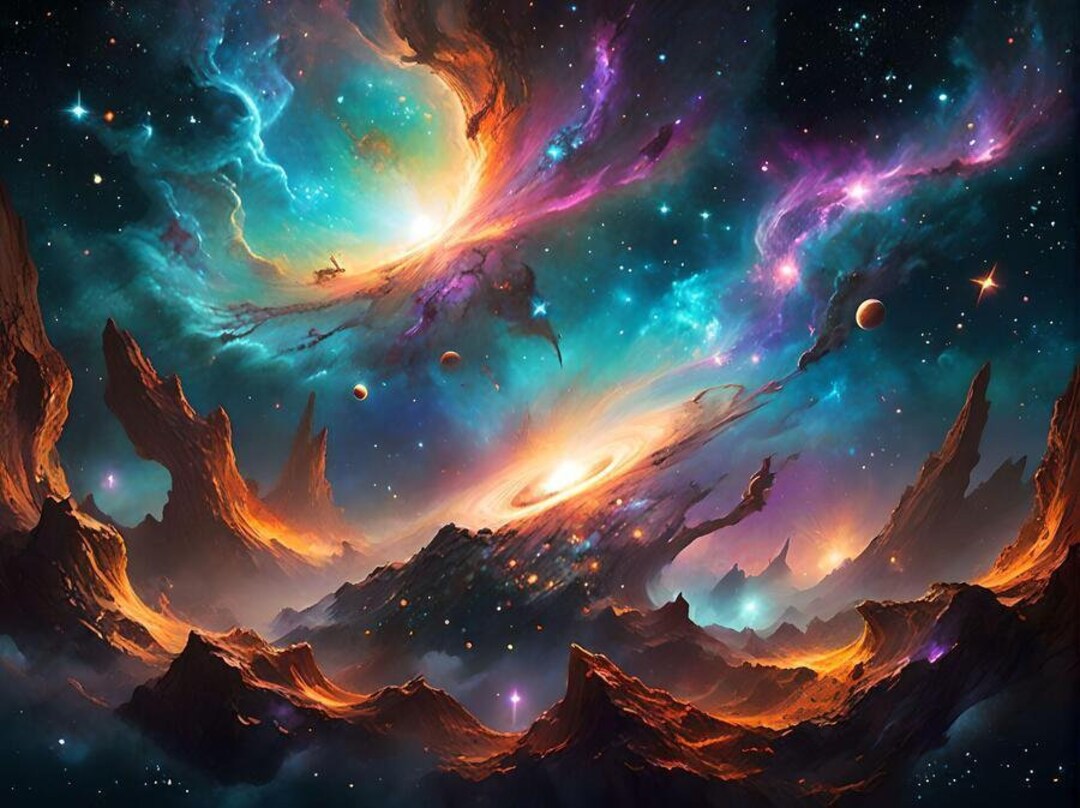 Exotic Space Formation Nebula Mountains Stars Planets Galaxy Art Poster ...