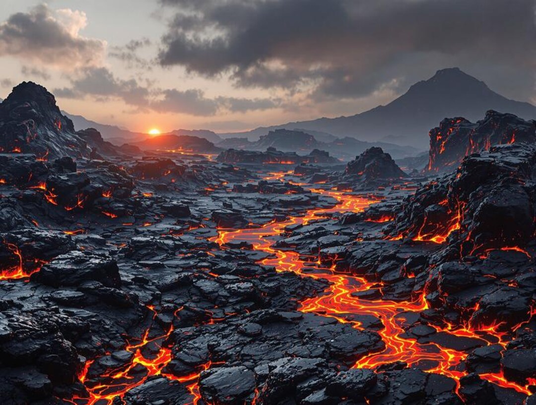 Molten Lava Flows Across Cooling Volcanic Landscape at Sunset Poster ...