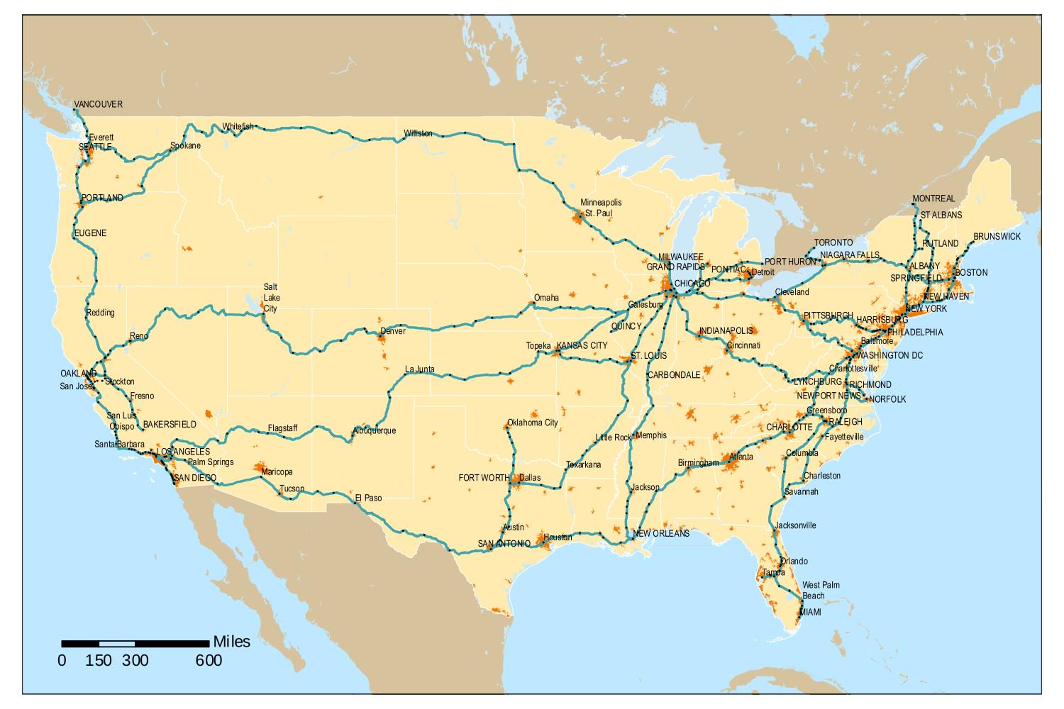 U.S. United States National Passenger Rail Network Map Railroad System ...