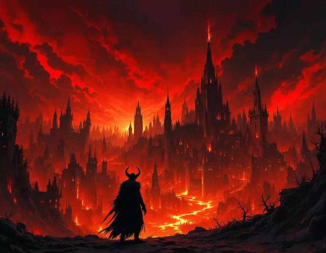 A Horned Figure Overlooks a Fiery Gothic Hellscape Poster Art Print - Etsy