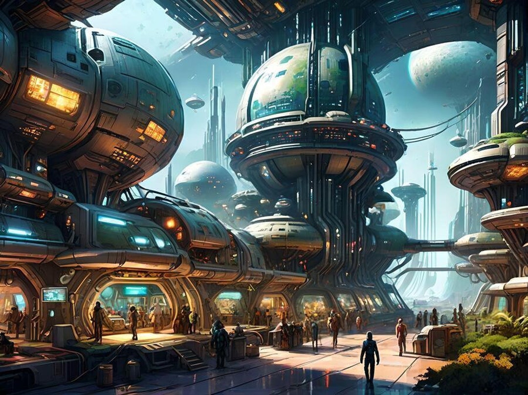 Atompunk Space Station Colony City Retro Futuristic Buildings Poster ...