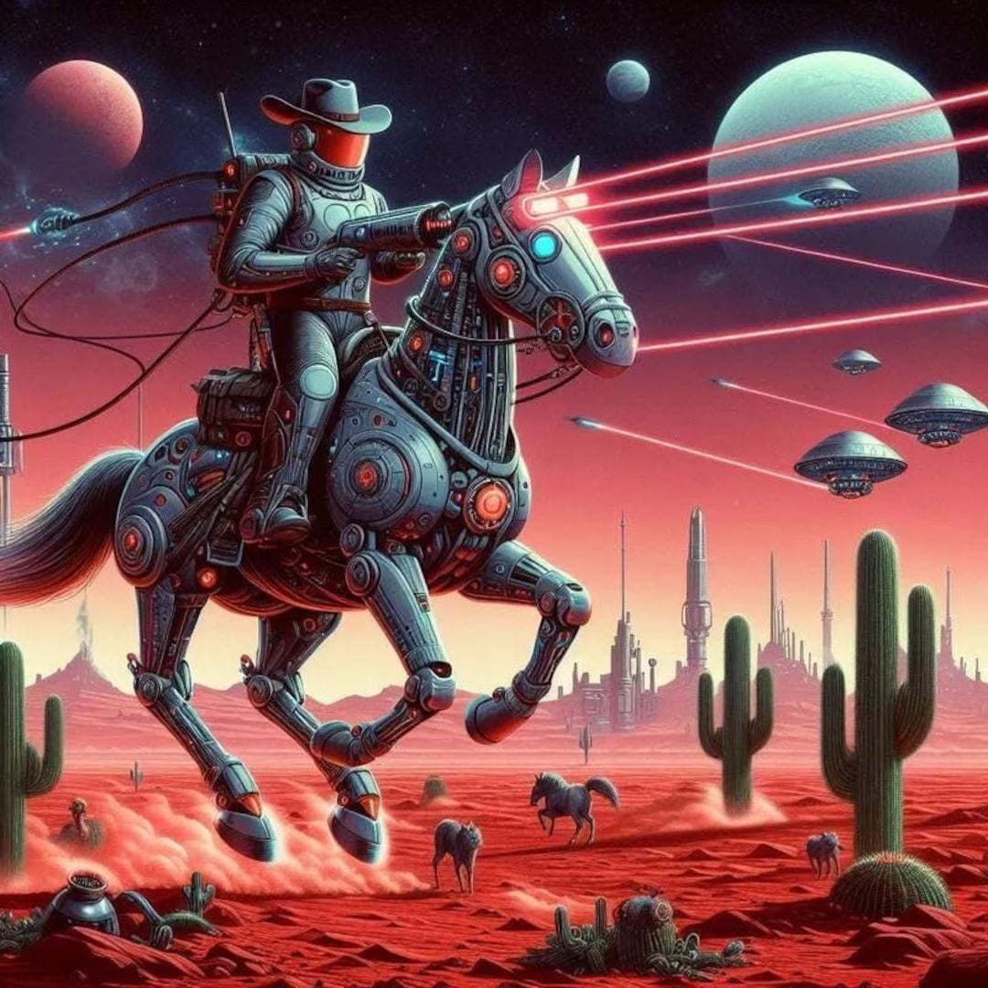Wild West in the Future Cowboy Robot Horse Space Ufos Poster Art Print ...