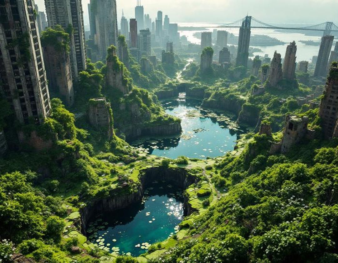 Post-apocalyptic City Metropolis Skyscrapers Water Overgrown Poster 18 ...