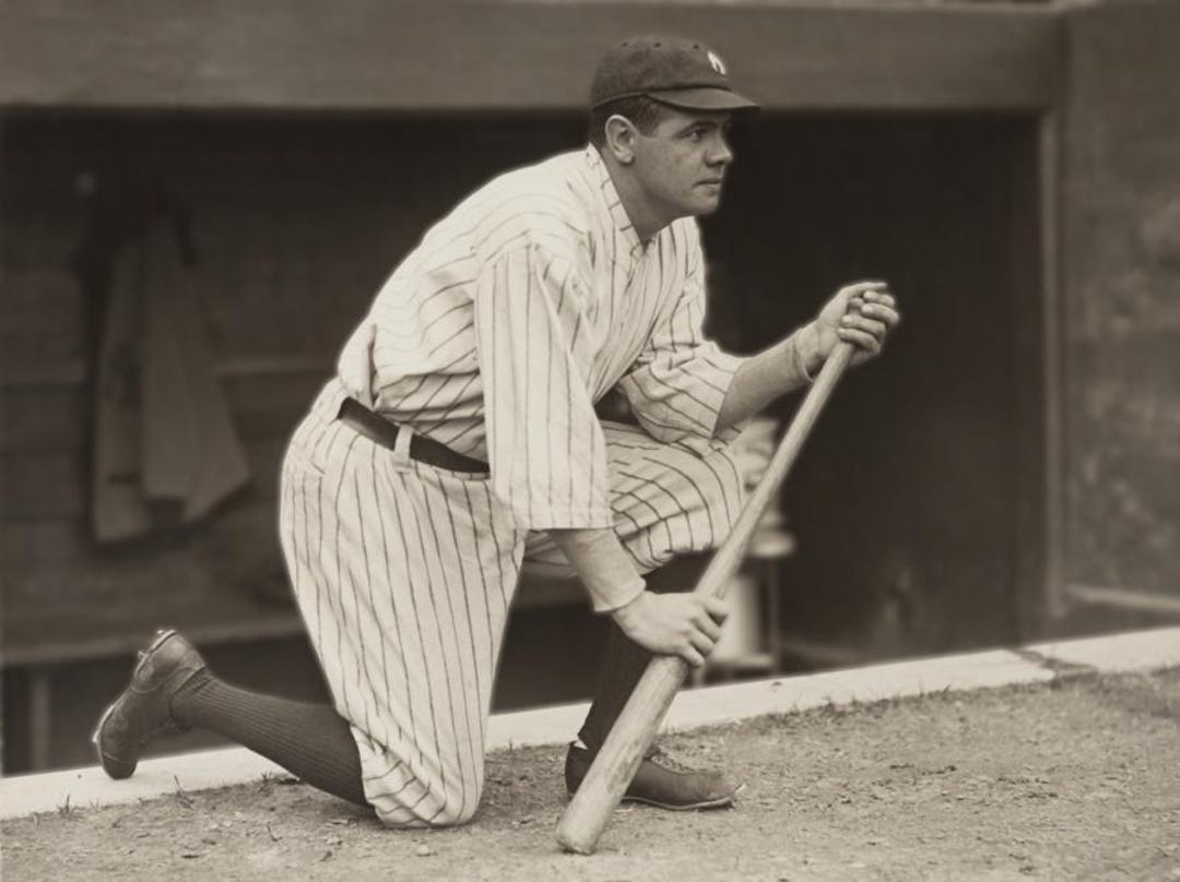 Babe Ruth Baseball Bat Kneeling Field Dugout 1920s Photo Poster Art ...