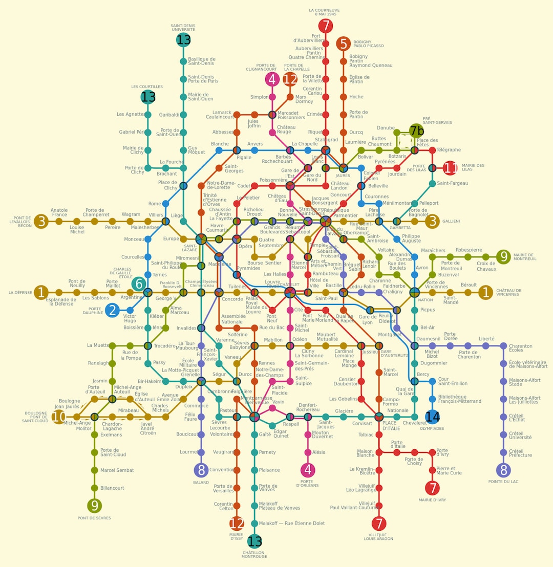 Paris France Metro System Subway Diagram Map Train Rail Railroad 24 X ...
