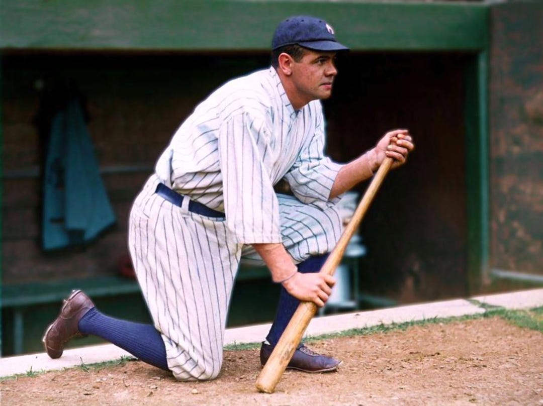 Babe Ruth Baseball Bat Kneeling Field Dugout 1920s Photo Poster Art ...