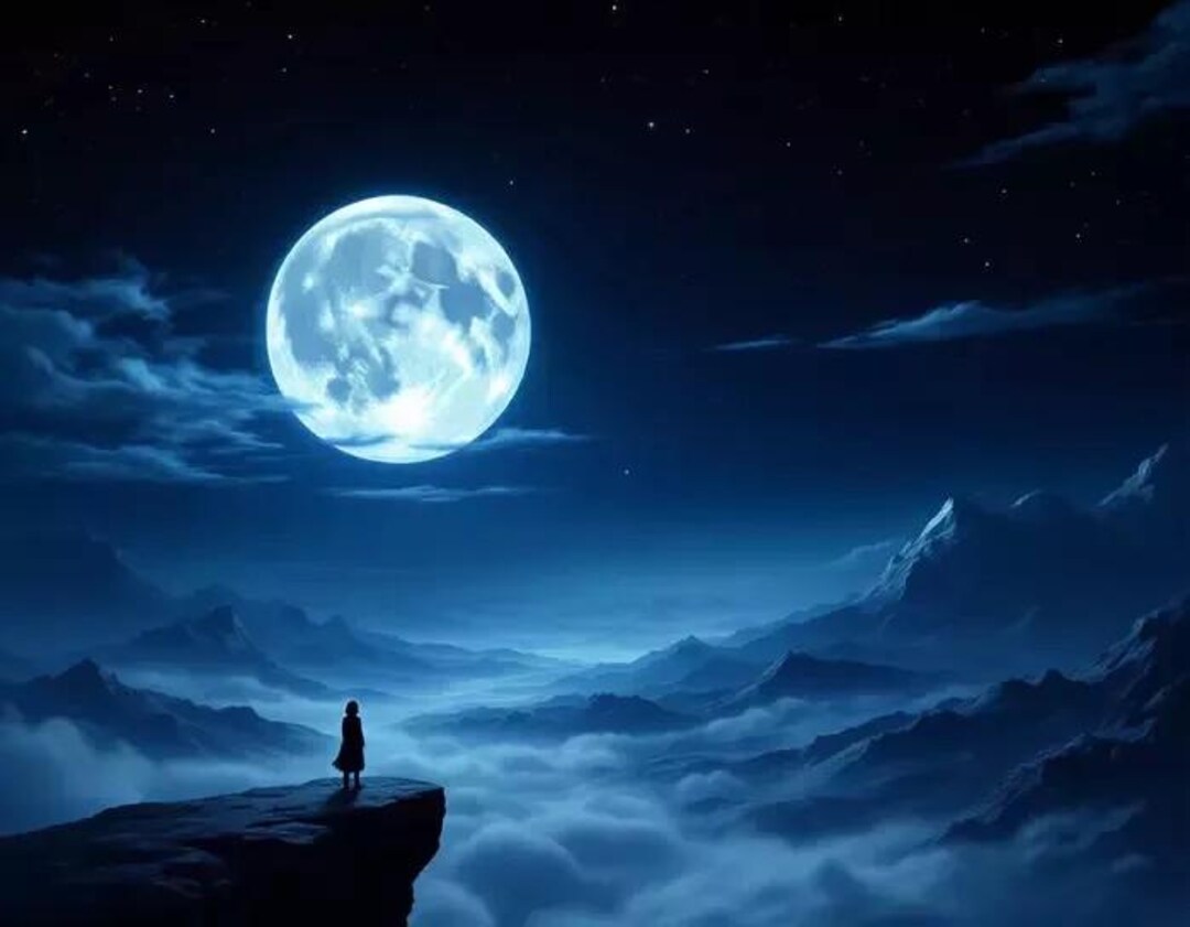 Lone Figure on Cliff Edge at Full Moon Over Misty Mountains Poster 18 X ...