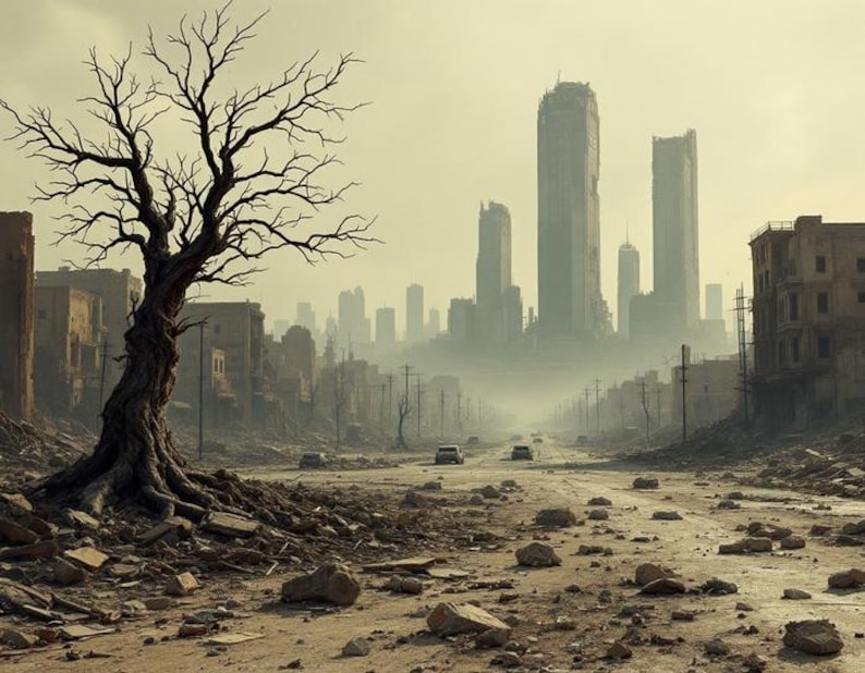 Desolate Cityscape With Abandoned Buildings and Debris Poster Print 24 ...
