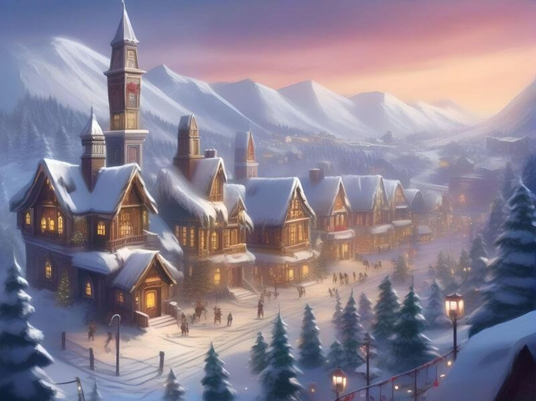 Christmas Village Scene Mountains Tower Snow Forest Painting Poster Art ...