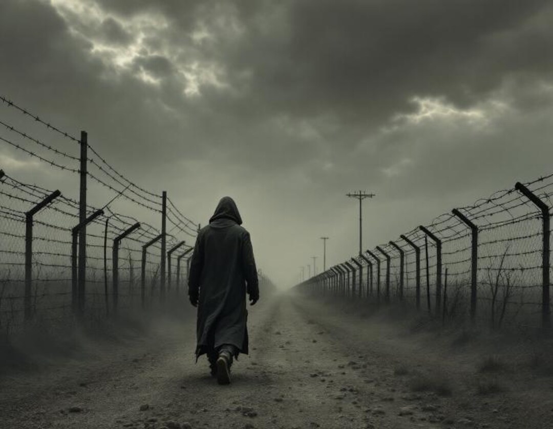 Figure Walking a Fenced Dirt Road Barbed Wire Overcast Poster Print 18 ...
