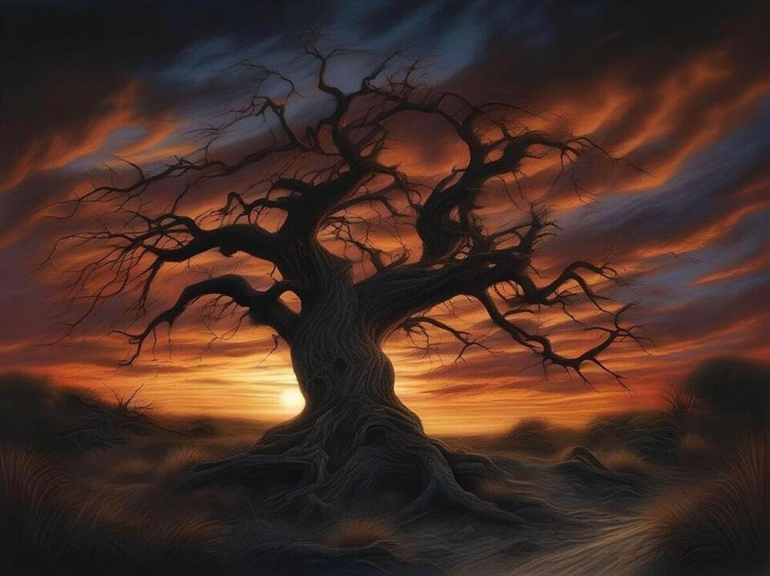 Spooky Twisted Gnarled Bare Tree Sunset Landscape Painting Poster Art ...