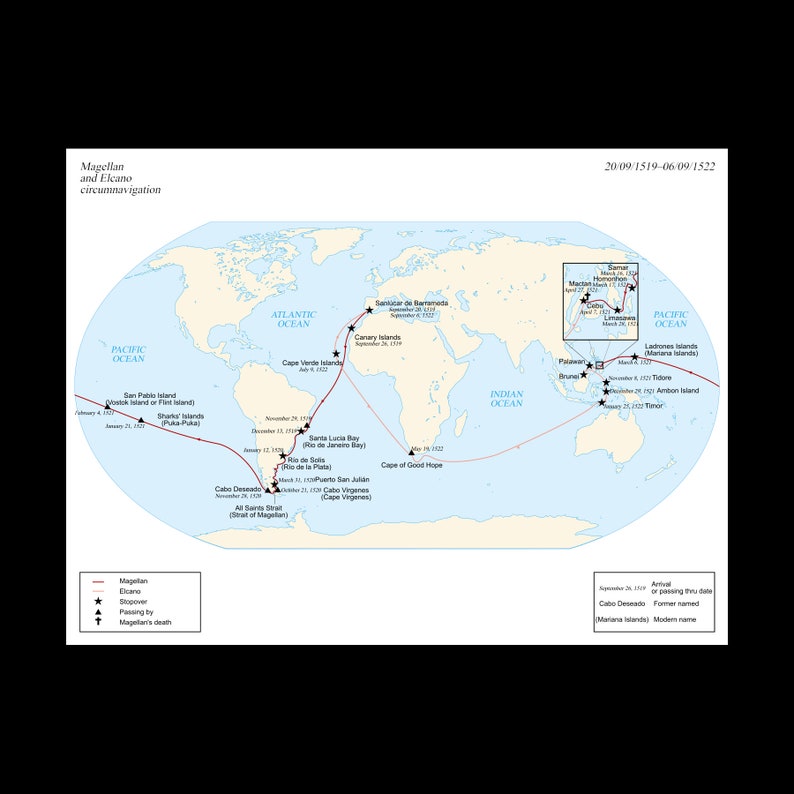 Magellan Circumnavigation Voyage Around the World 1519 Map Poster - Etsy