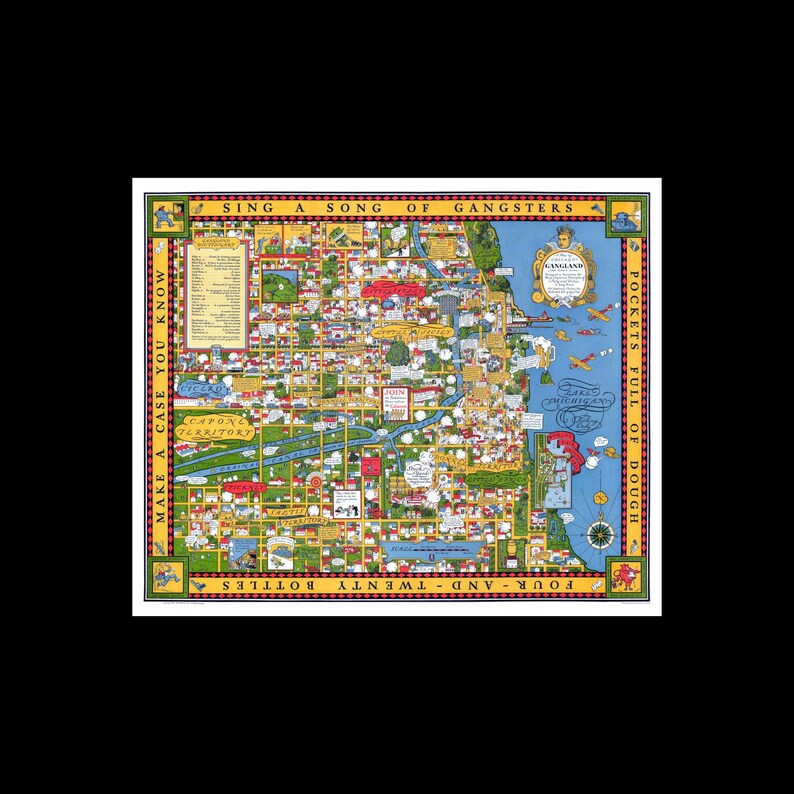Chicago Gangland Gangster Map Prohibition 1930s Al Capone Map Poster ...