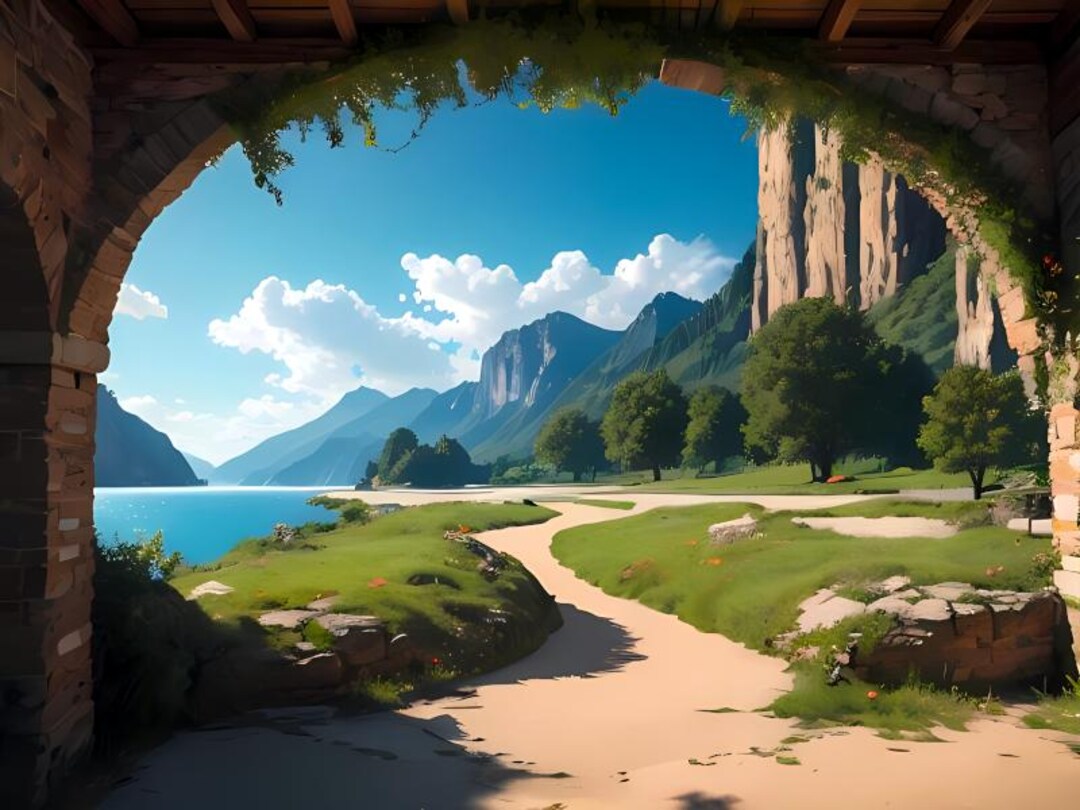 Liminal Landscape Through a Rustic Arch Path Trail Lake Poster Art ...