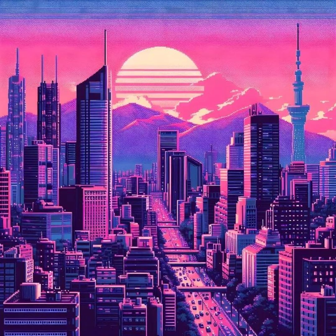 Neon Vaporwave Cityscape City Skyline Skyscrapers 80s 90s Poster Art ...