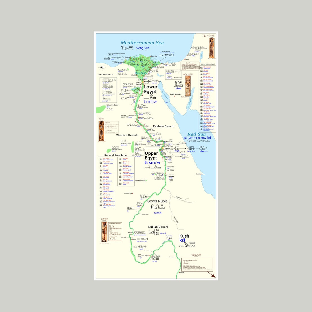 Ancient Egypt Egyptian Nile River Valley Map With Hieroglyphics Cities ...