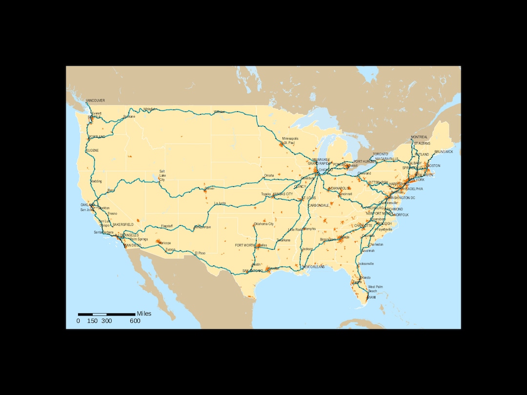 U.S. United States National Passenger Rail Network Map Railroad System ...