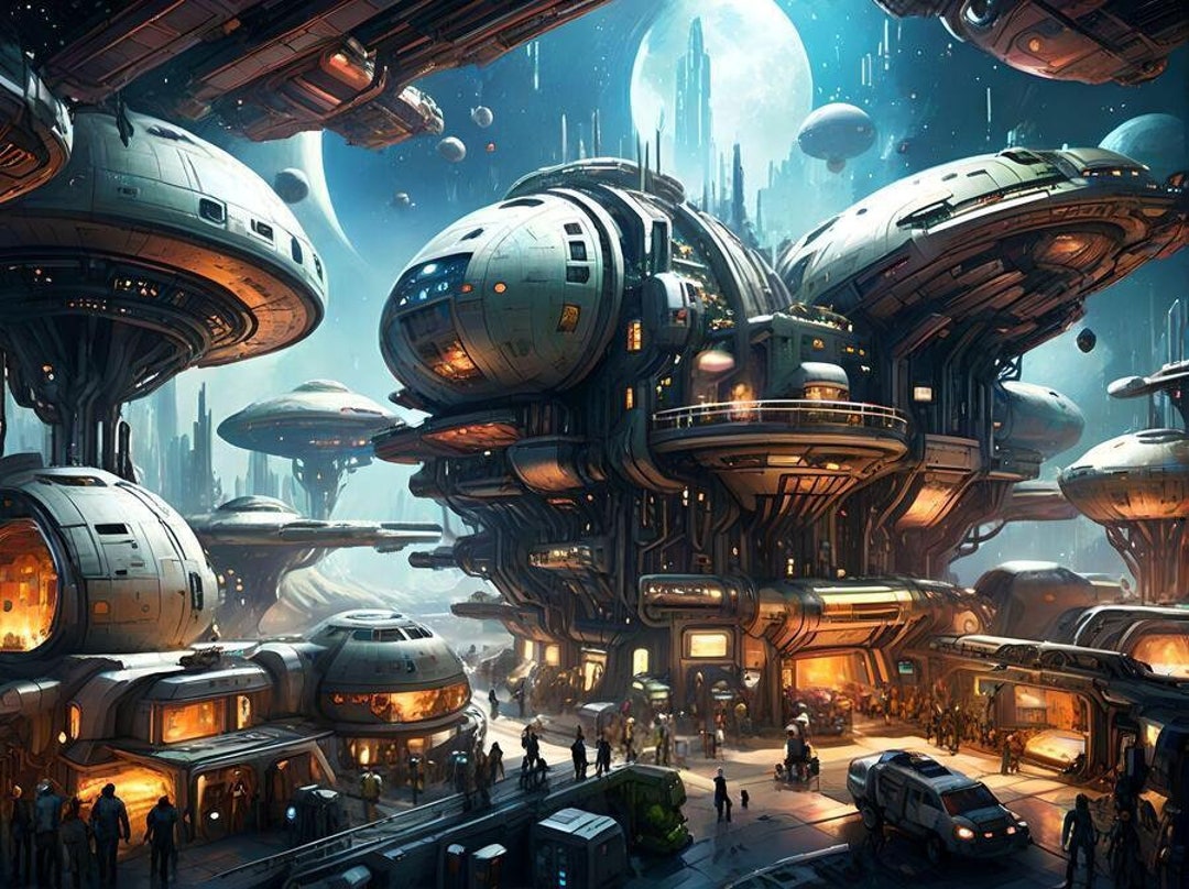 Atompunk Space Station Colony City Retro Futuristic Buildings Poster ...