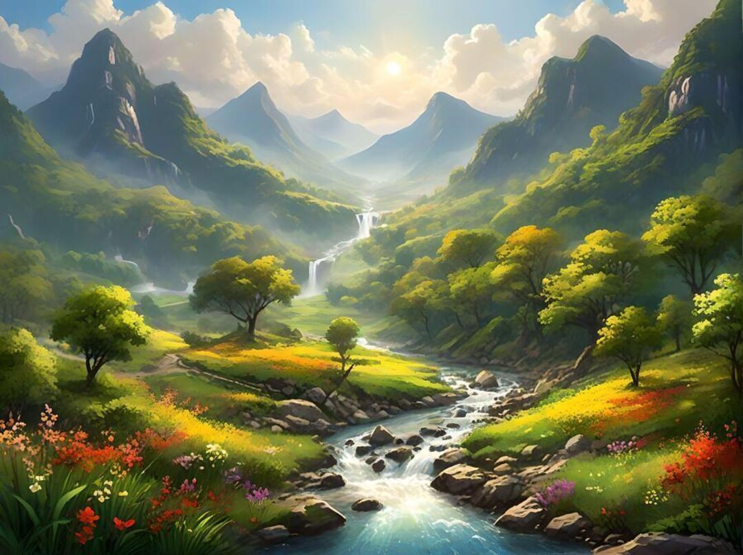 Idyllic Earthly Landscape Forest Stream Mountains Waterfall Art Poster ...