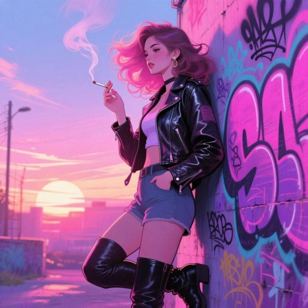 Vaporwave Woman Standing Graffiti Wall Sunset 80s 90s Poster Print 24 X ...
