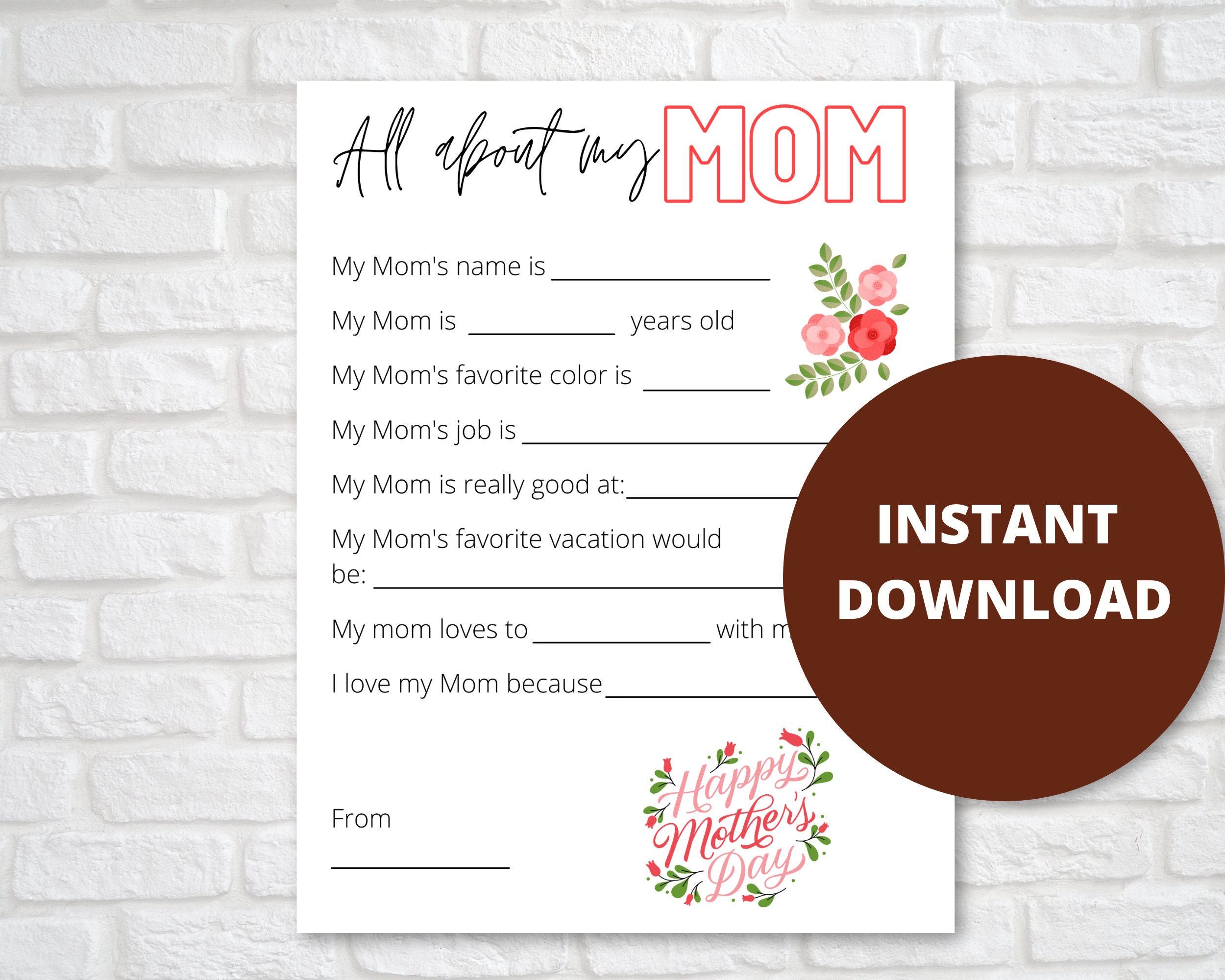 Mothers Day Printable, All About My Mom, Printable for Kids - Etsy