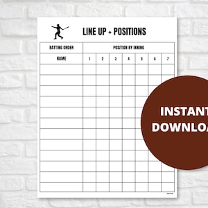 Batting Line up and Position Printable, 12 Players, Baseball, Softball ...