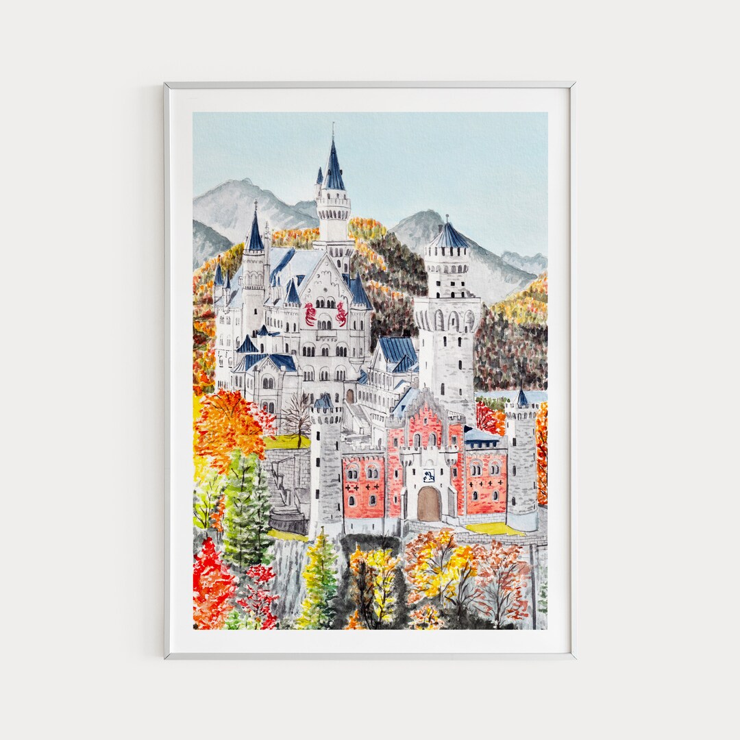 Neuschwanstein Castle Germany Wall Art Bavaria Print Watercolor ...