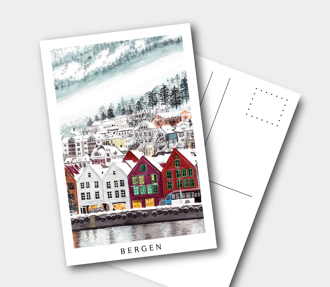 Bergen Norway Postcard, Watercolor Postcards, Bergen Landscape ...