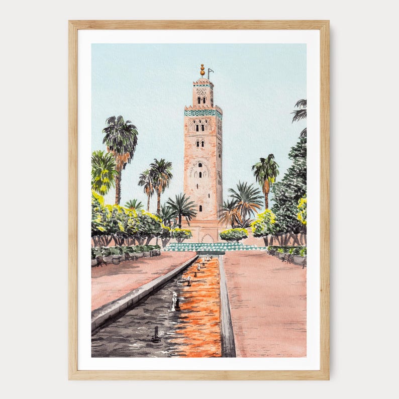 Marrakesh Watercolor Print, Morocco Wall Art, Koutoubia Mosque Landmark ...