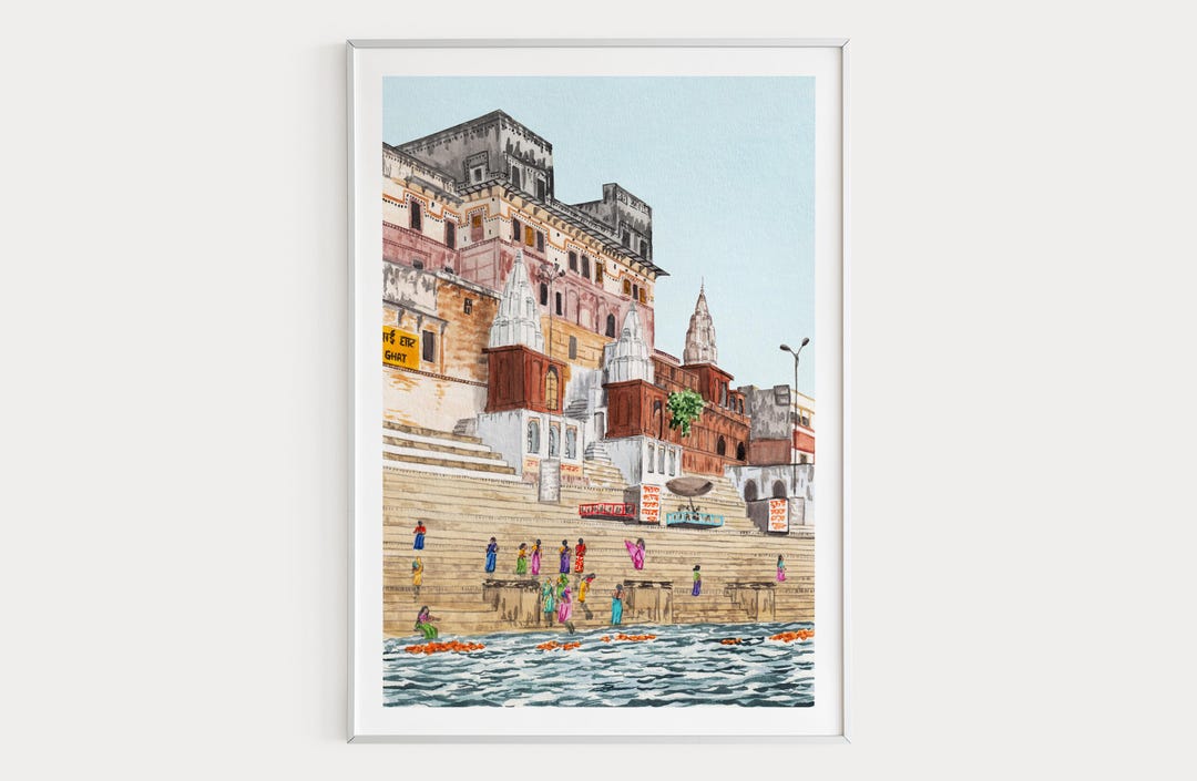 Varanasi Watercolor Print, India Wall Art, Varanasi Cityscape Painting ...