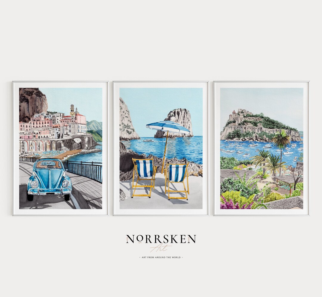 Italy Set of 3 Watercolor Prints, Atrani, Capri & Ischia Landscape ...