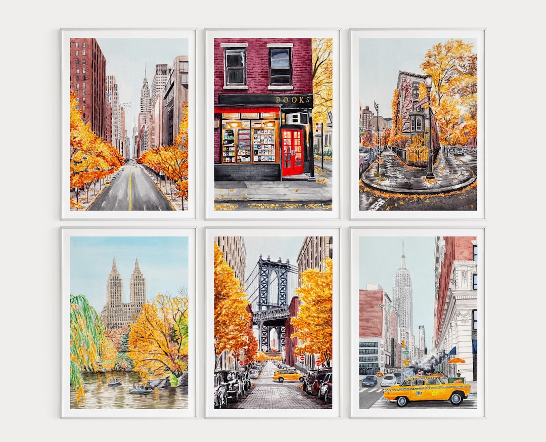 New York Wall Art Set of 6, Watercolor Prints, NYC Cityscape Painting ...