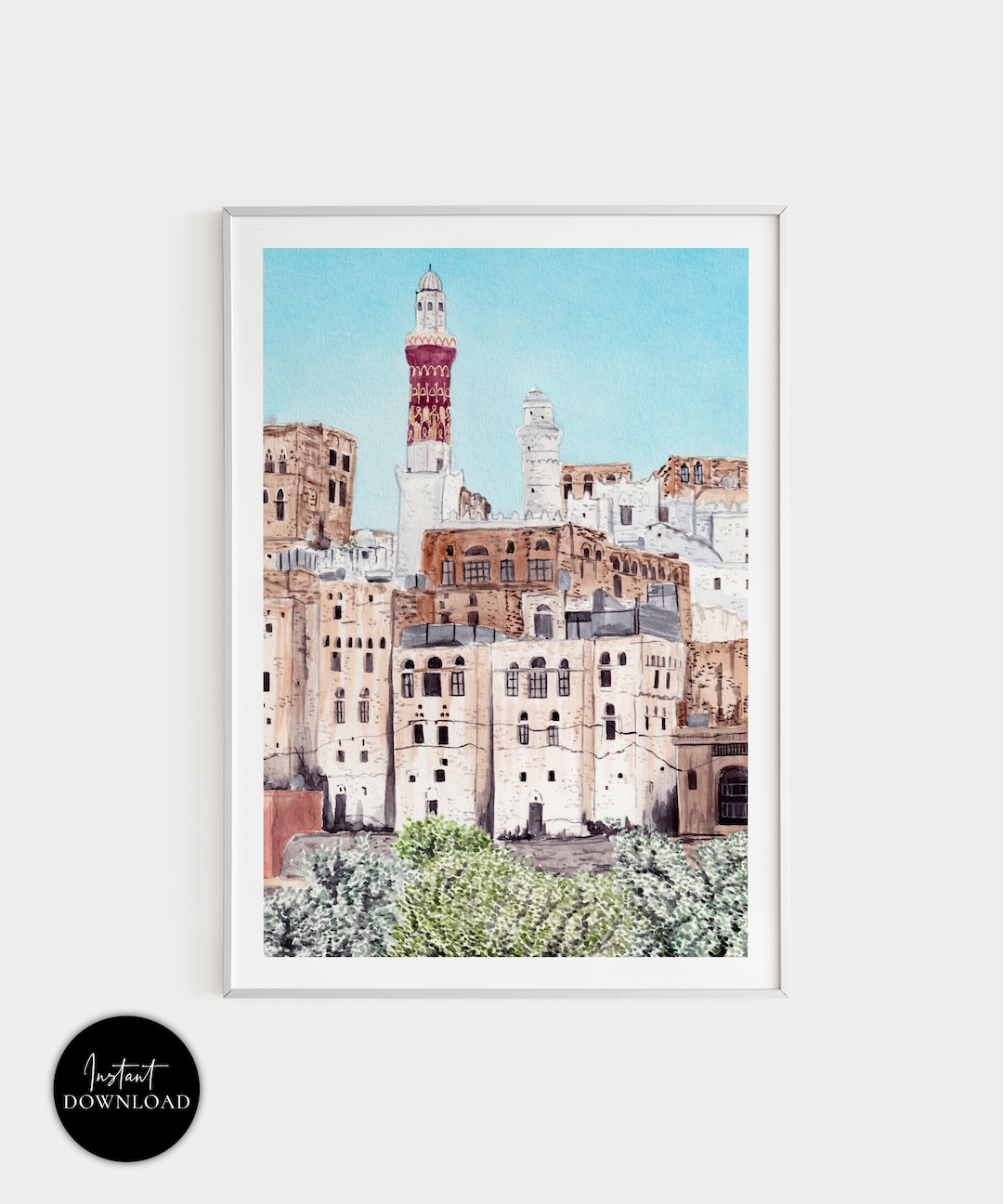 Yemen Print, Jibla Cityscape, Yemen Wall Art, Watercolor Print, Middle ...