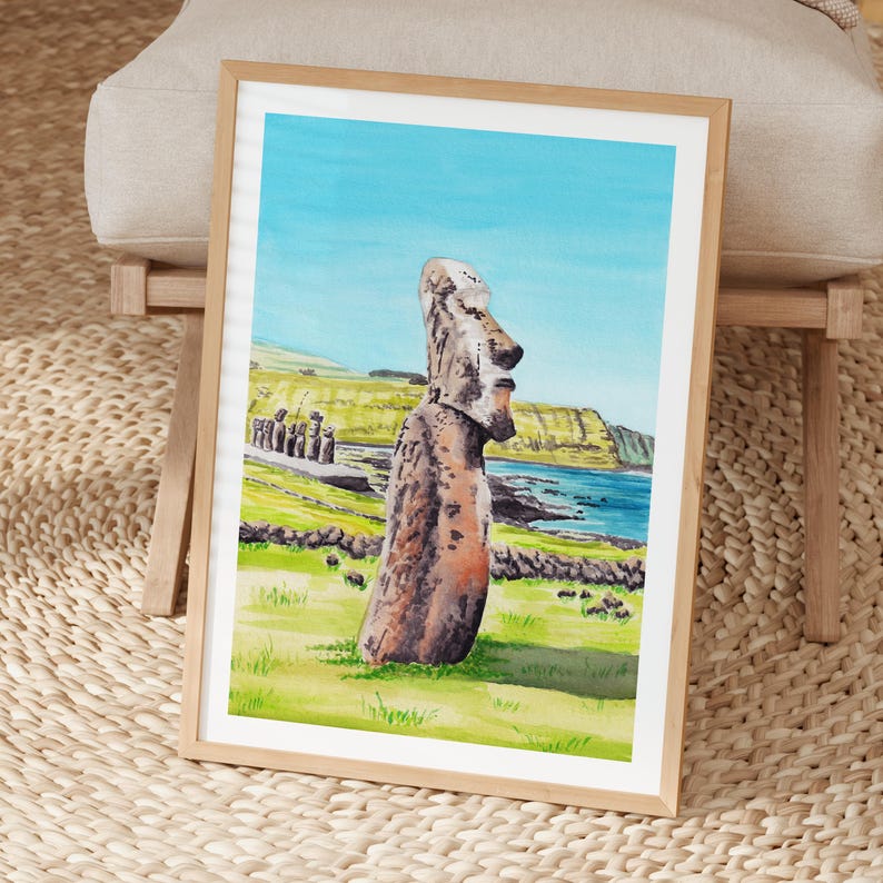 Moai Statues Easter Island Watercolor Print, Chile Wall Art, Rapa Nui ...
