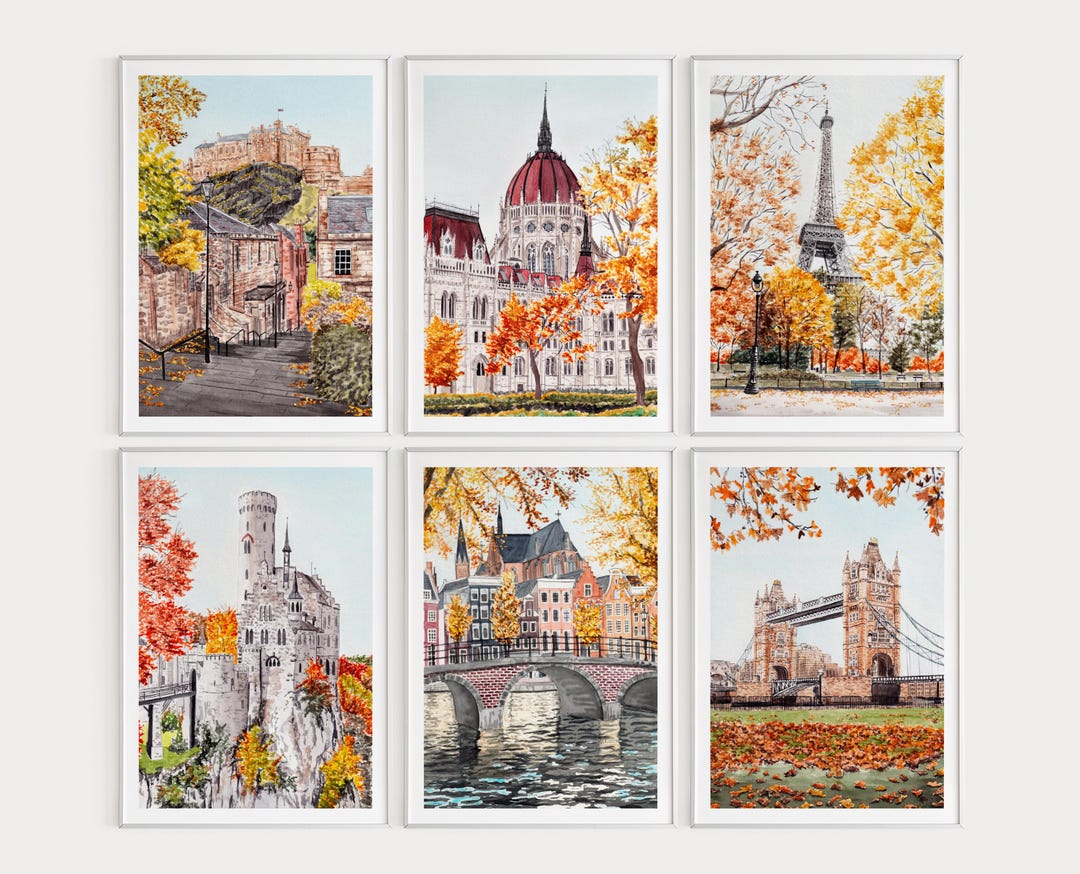 European Fall Set of 6 Watercolor Prints, Europe Art, Gallery Wall Set ...