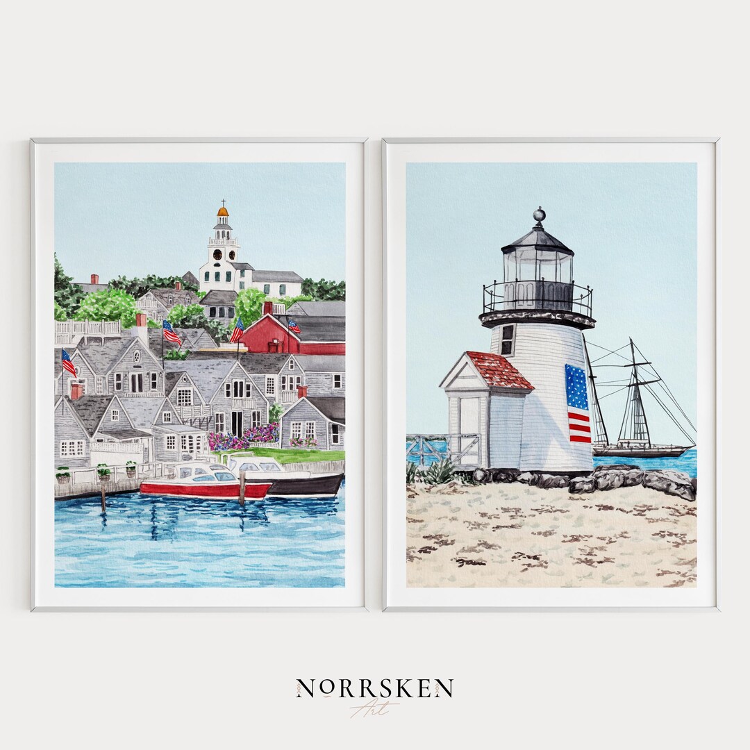 Nantucket Watercolor Prints Set: Brant Point Lighthouse, Nantucket Wall ...