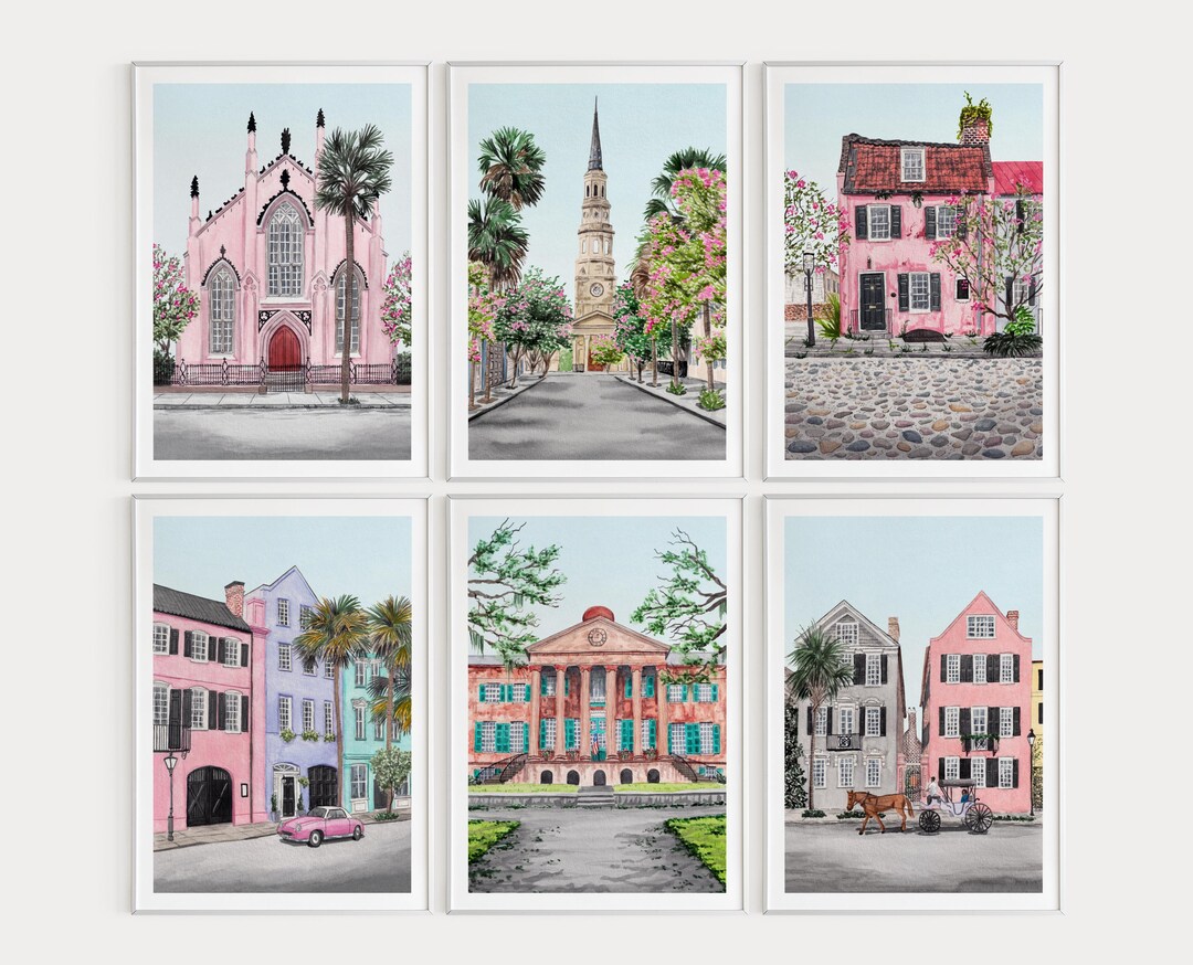 Charleston Watercolor Prints Set: Rainbow Row South Carolina Wall Art ...