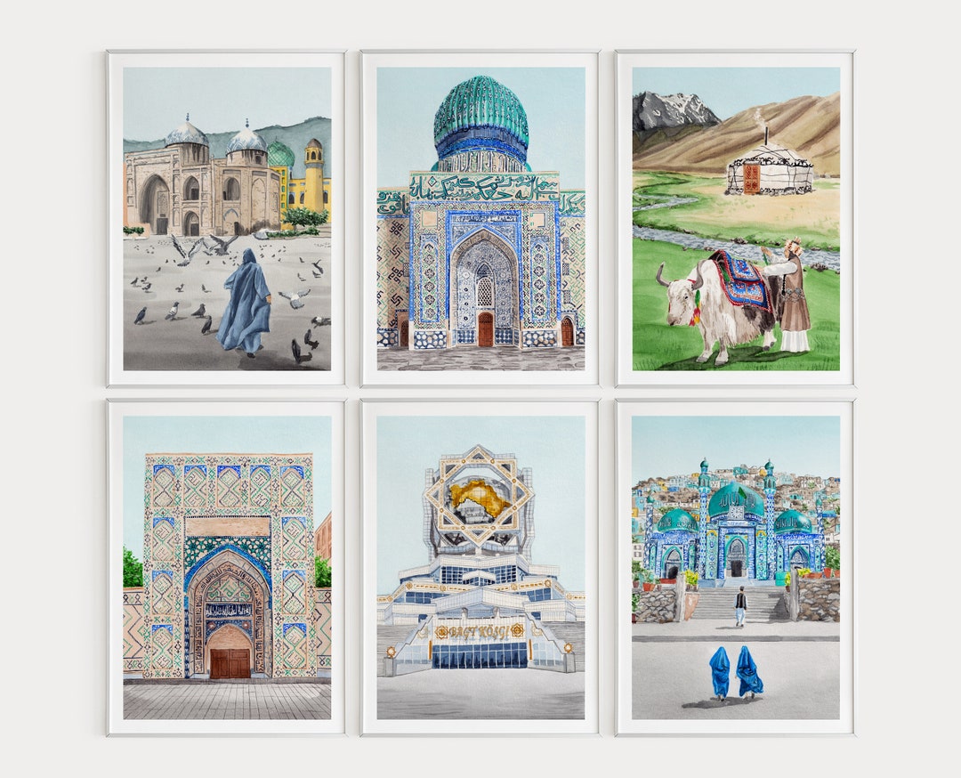 Central Asia Set of 6 Watercolor Prints, Kazakh, Afghan, Turkmen, Tajik ...
