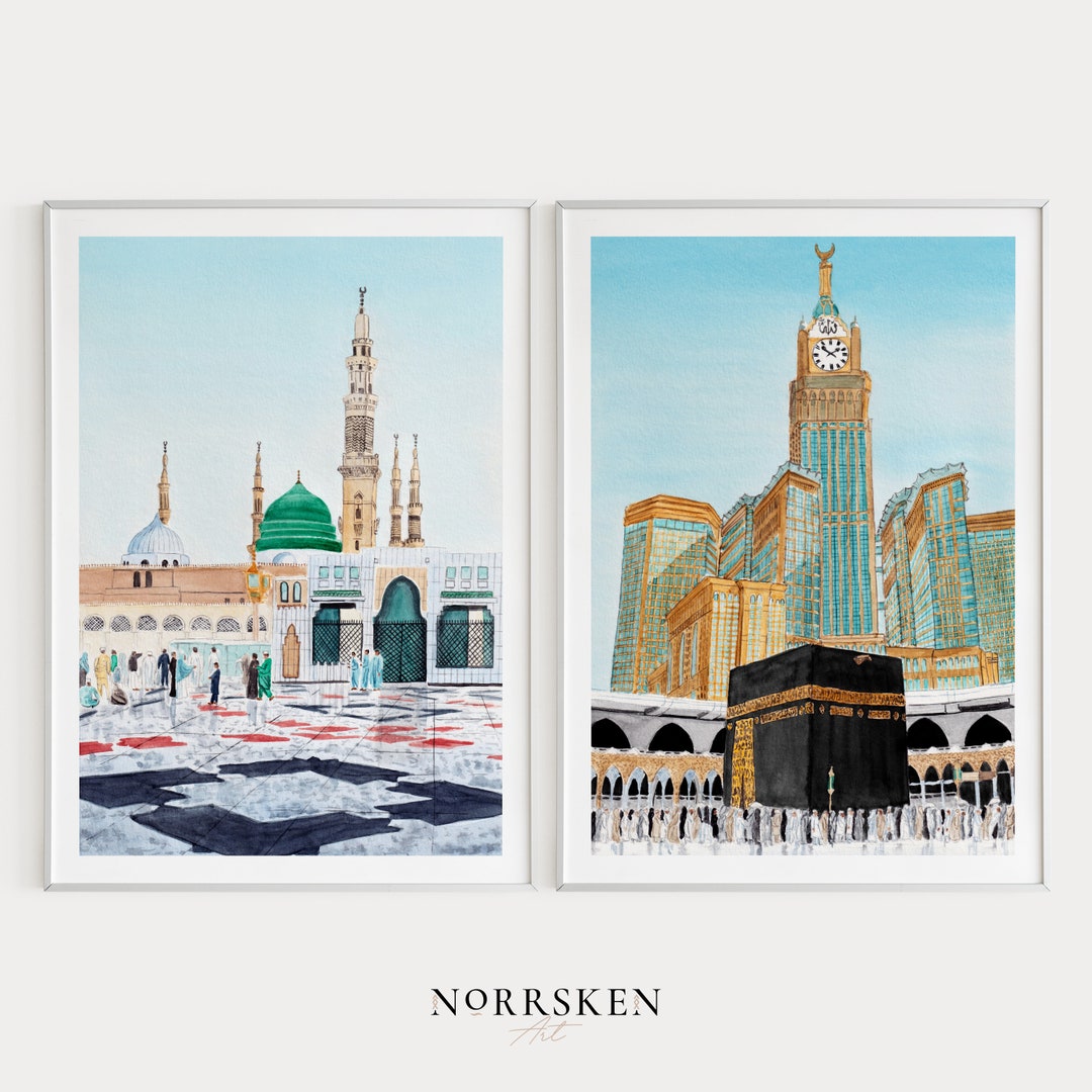 Mecca and Medina Watercolor Prints Set: Islamic Wall Art, Saudi Arabia ...