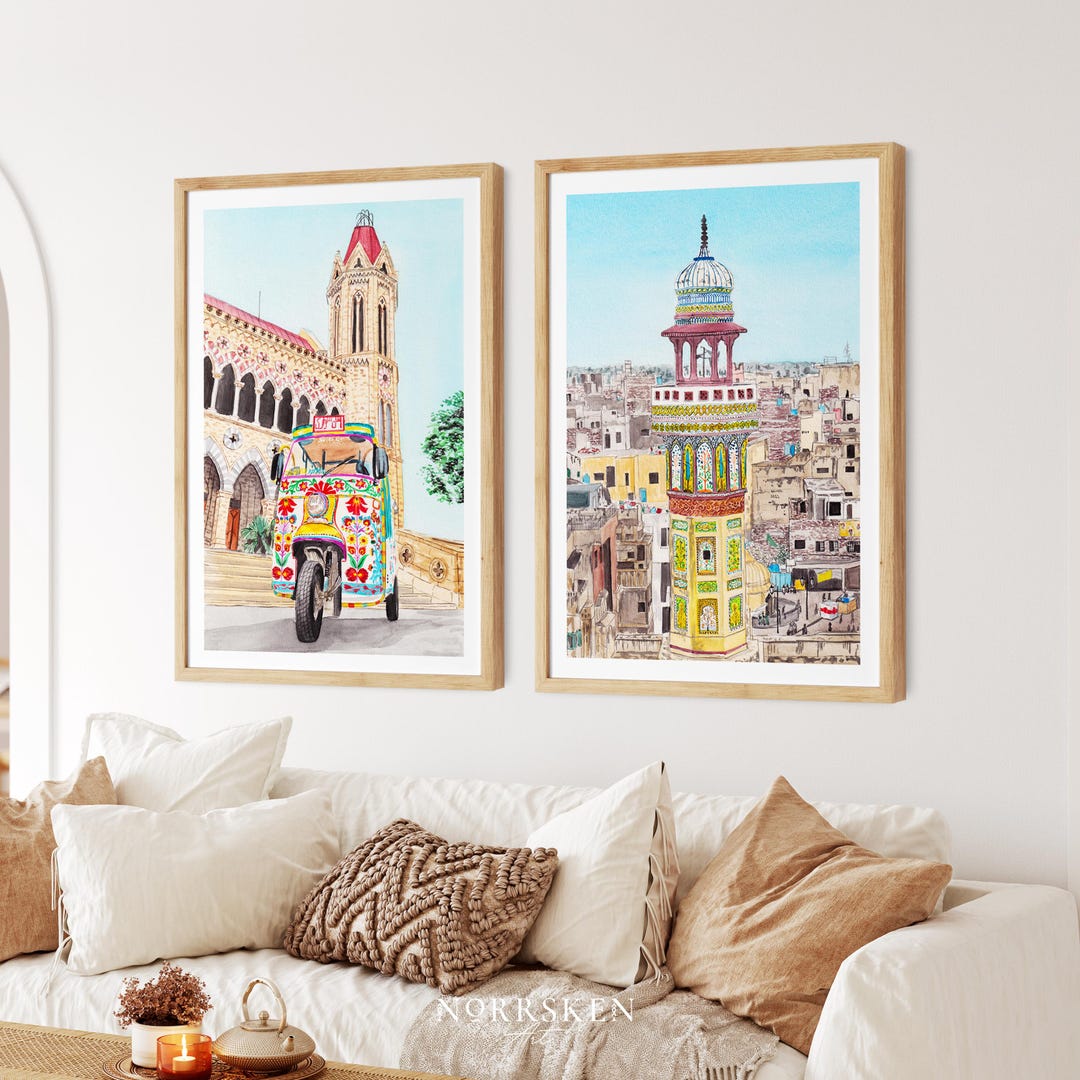 Pakistan Watercolor Prints Set of 2, Karachi & Lahore Cityscape ...