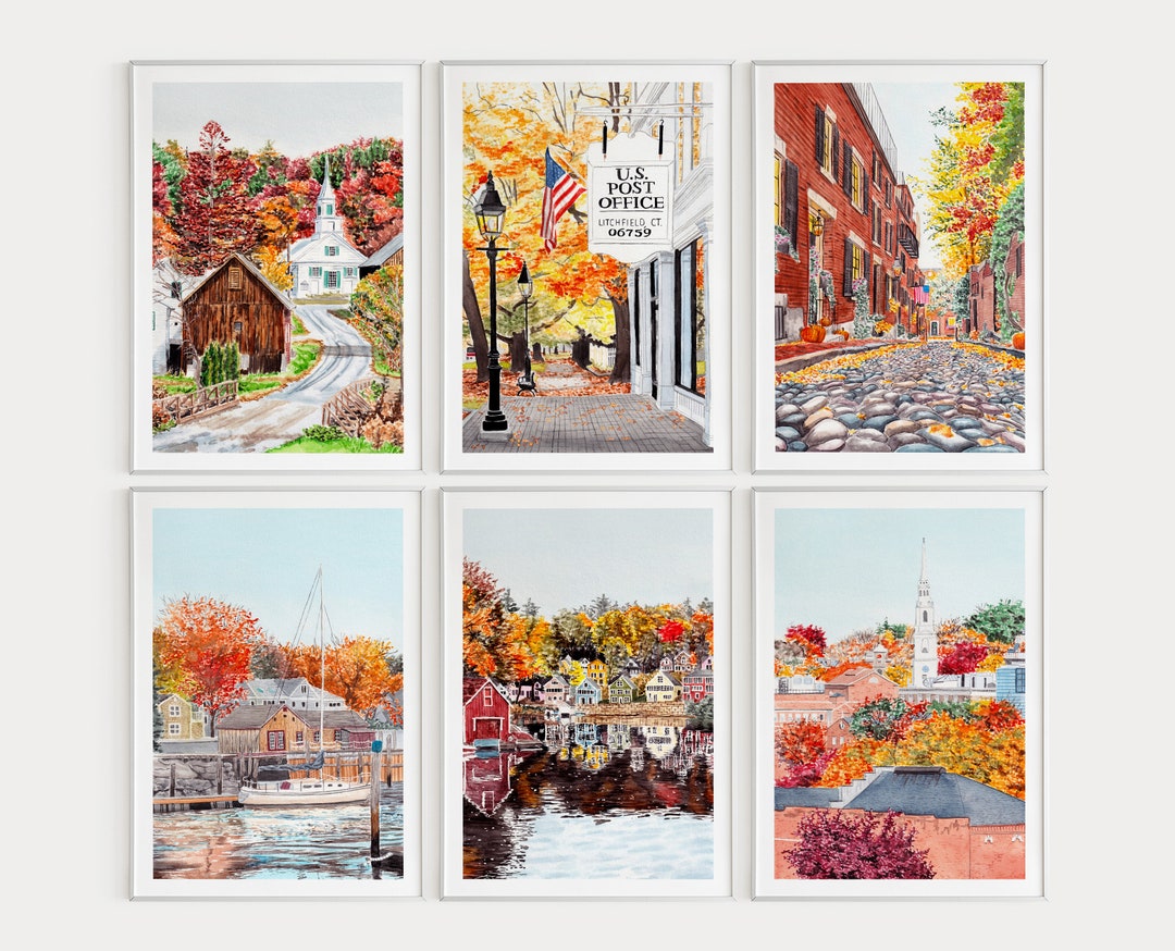 US New England Set of 6 Watercolor Prints, Fall Wall Art, New England ...